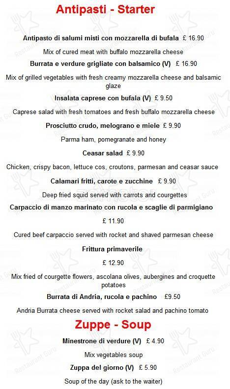 Menu at Al Volo restaurant, London