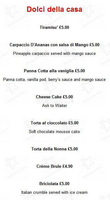 Menu at Al Volo restaurant, London