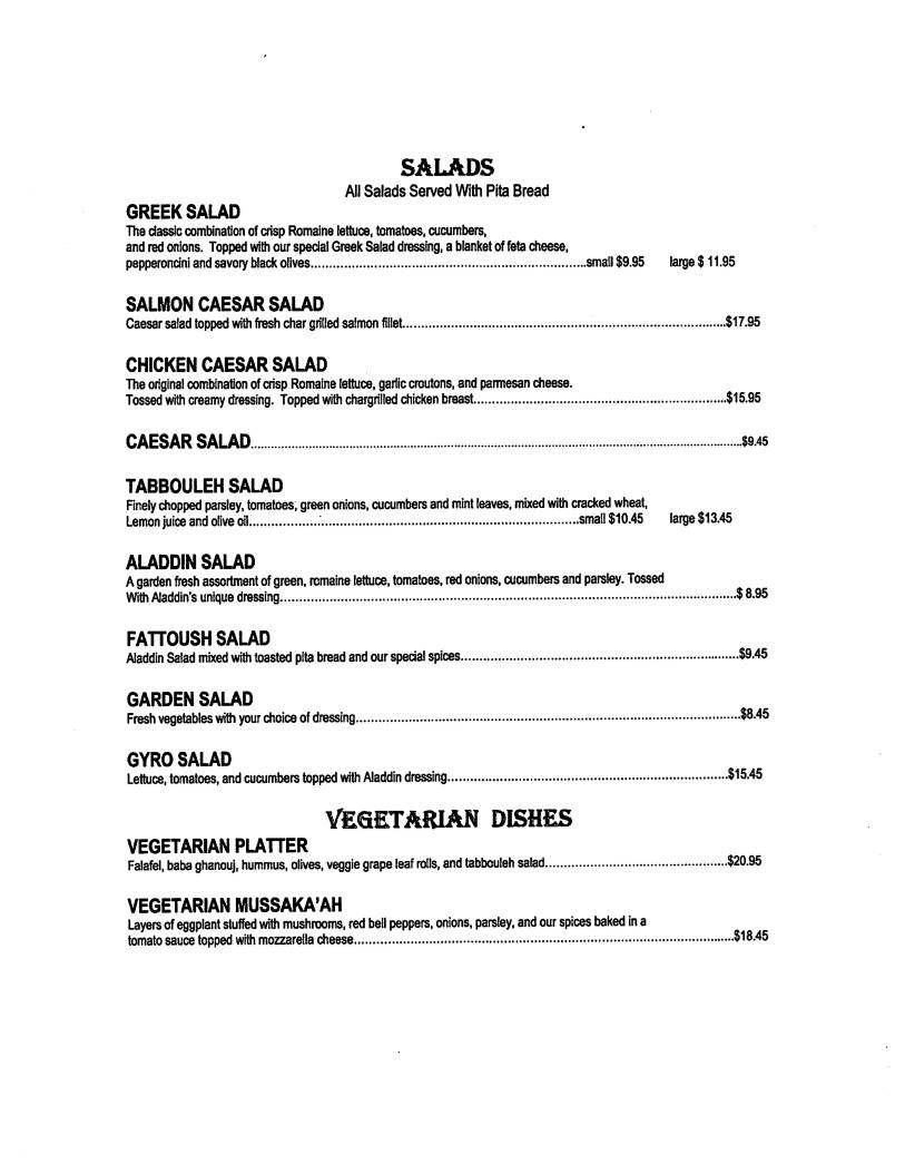 Menu at Aladdin Restaurant, Charleston