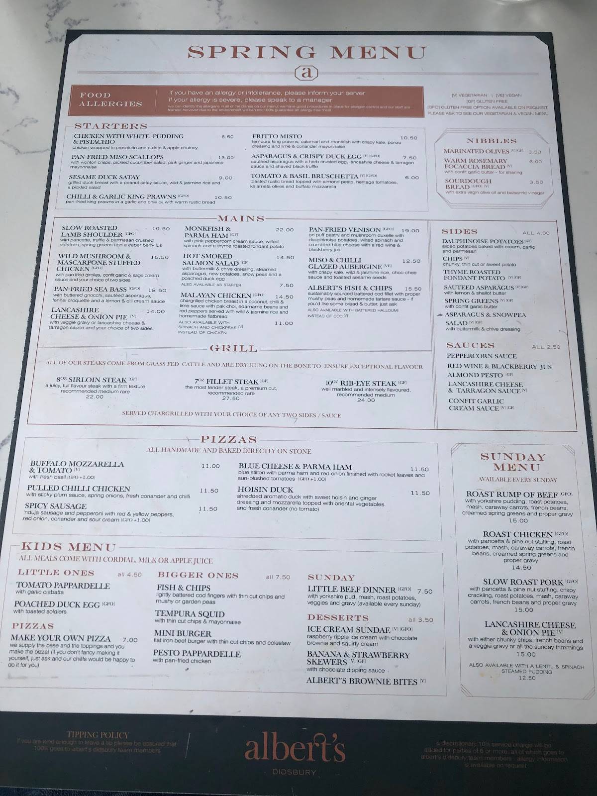 Menu at Albert’s Didsbury Restaurant & Bar, Manchester