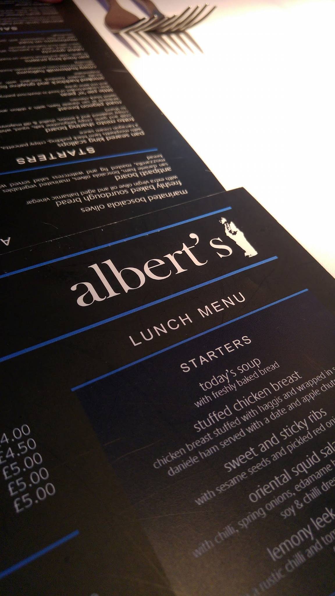 Menu at Albert’s Didsbury Restaurant & Bar, Manchester