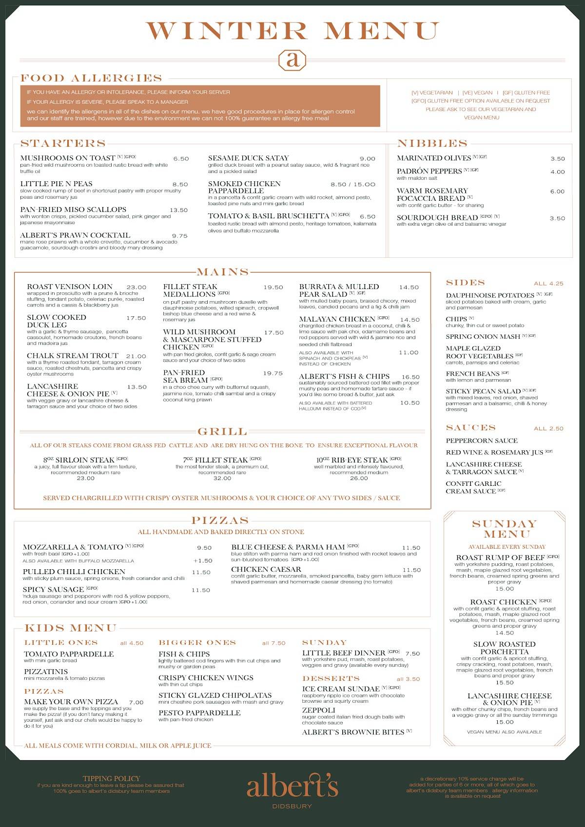 Menu at Albert’s Didsbury Restaurant & Bar, Manchester