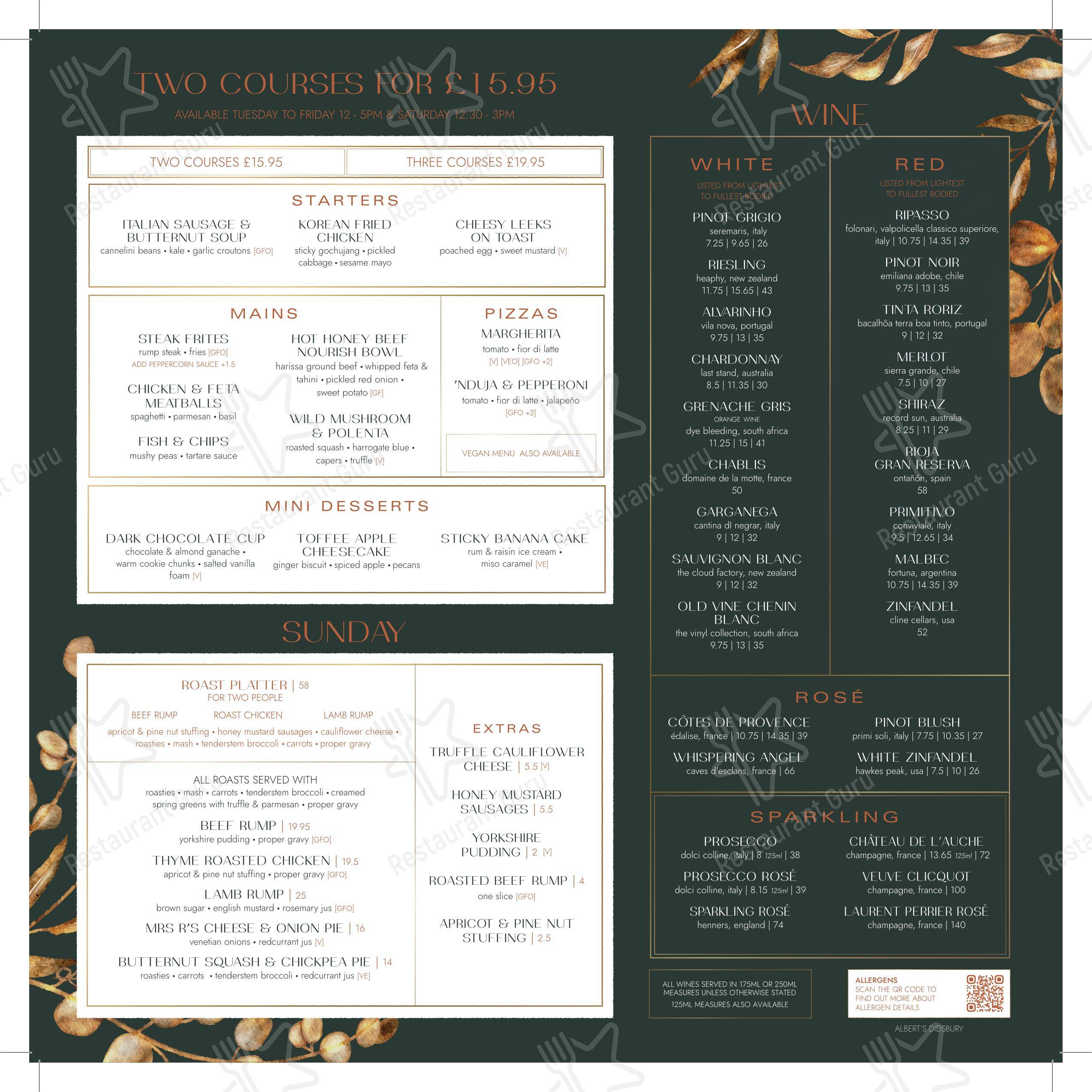 Menu at Albert’s Didsbury Restaurant & Bar, Manchester