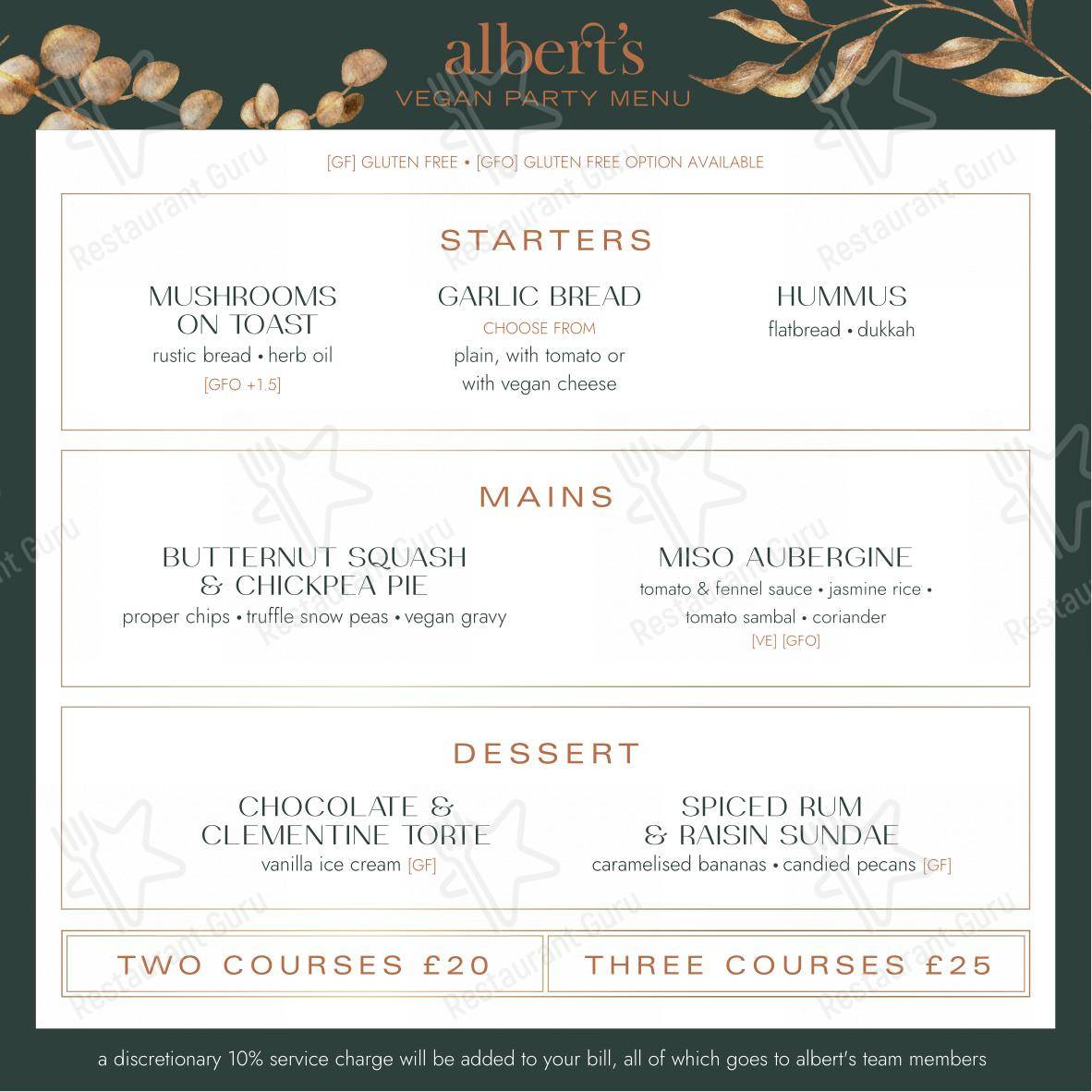 Menu at Albert’s Didsbury Restaurant & Bar, Manchester