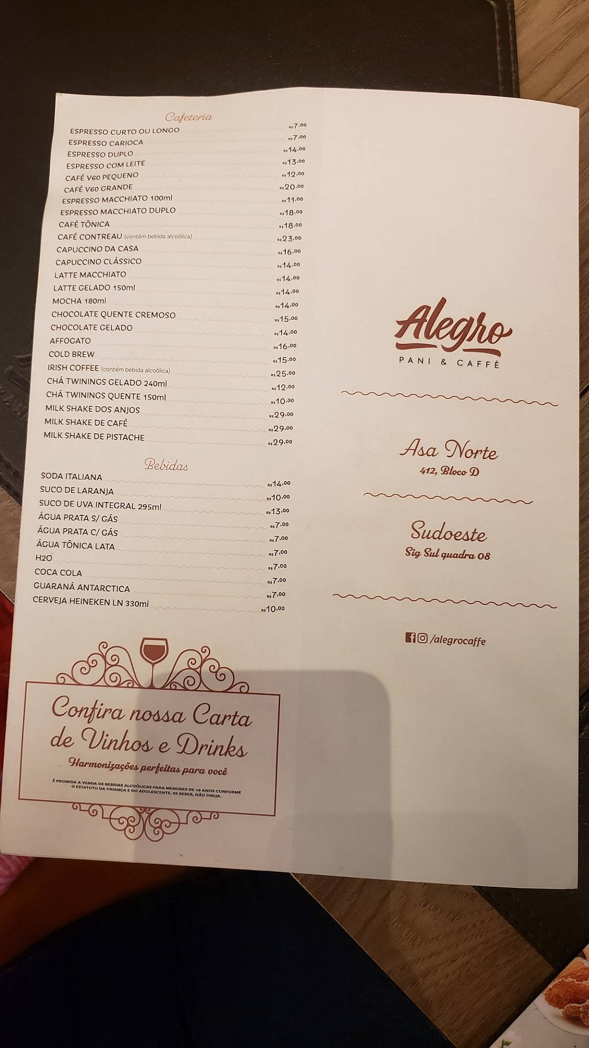 Carta del restaurante Alegro Pani & Caffè, Brasília, CLN 412 Bloco D ...
