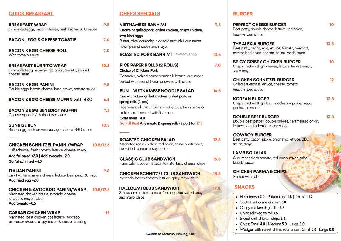 Menu at Alexia Cafe, Boronia
