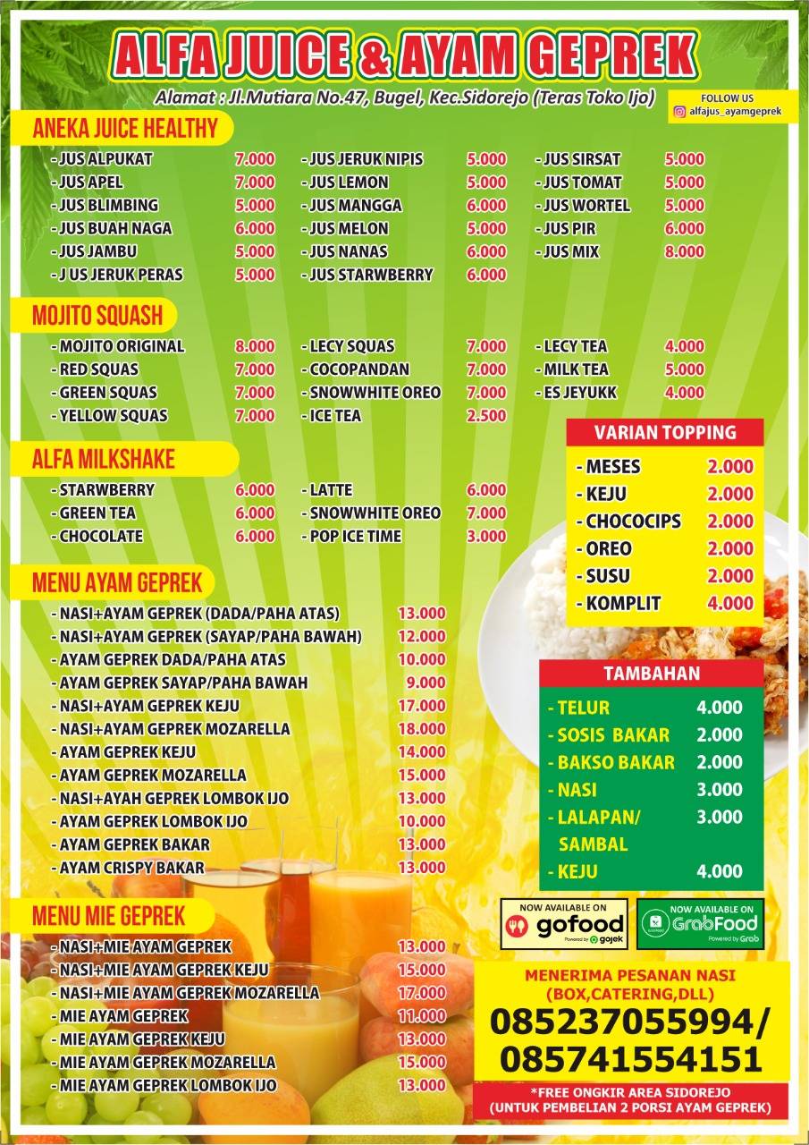 Menu at Alfa jus dan Ayam geprek crispy restaurant, Salatiga