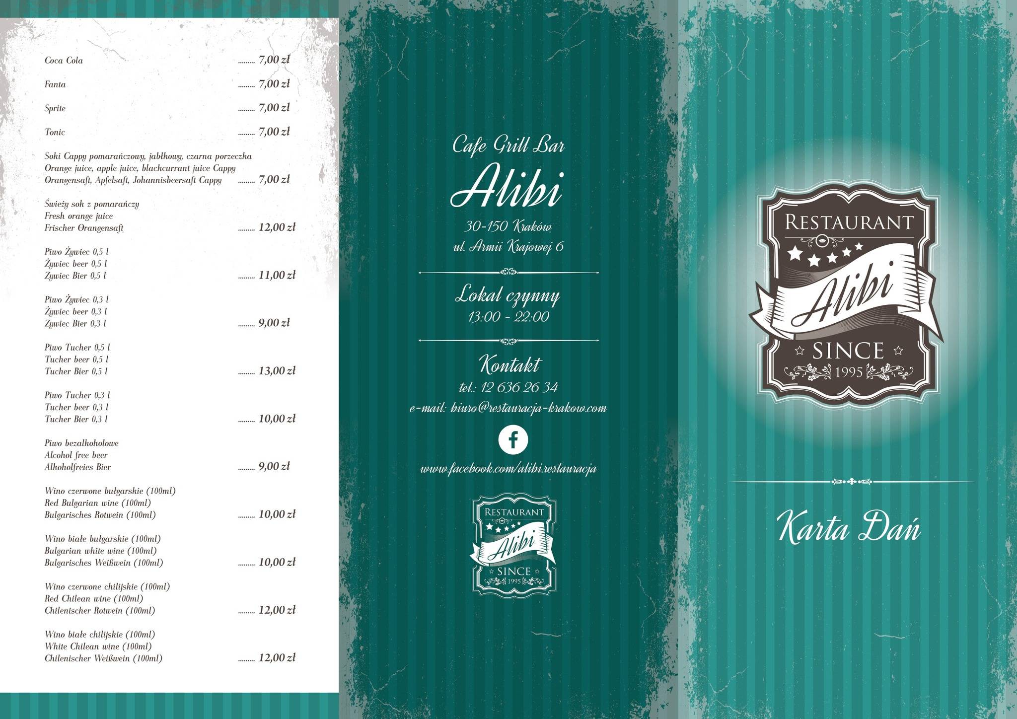 Menu at Restauracyjka Alibi restaurant, Kraków