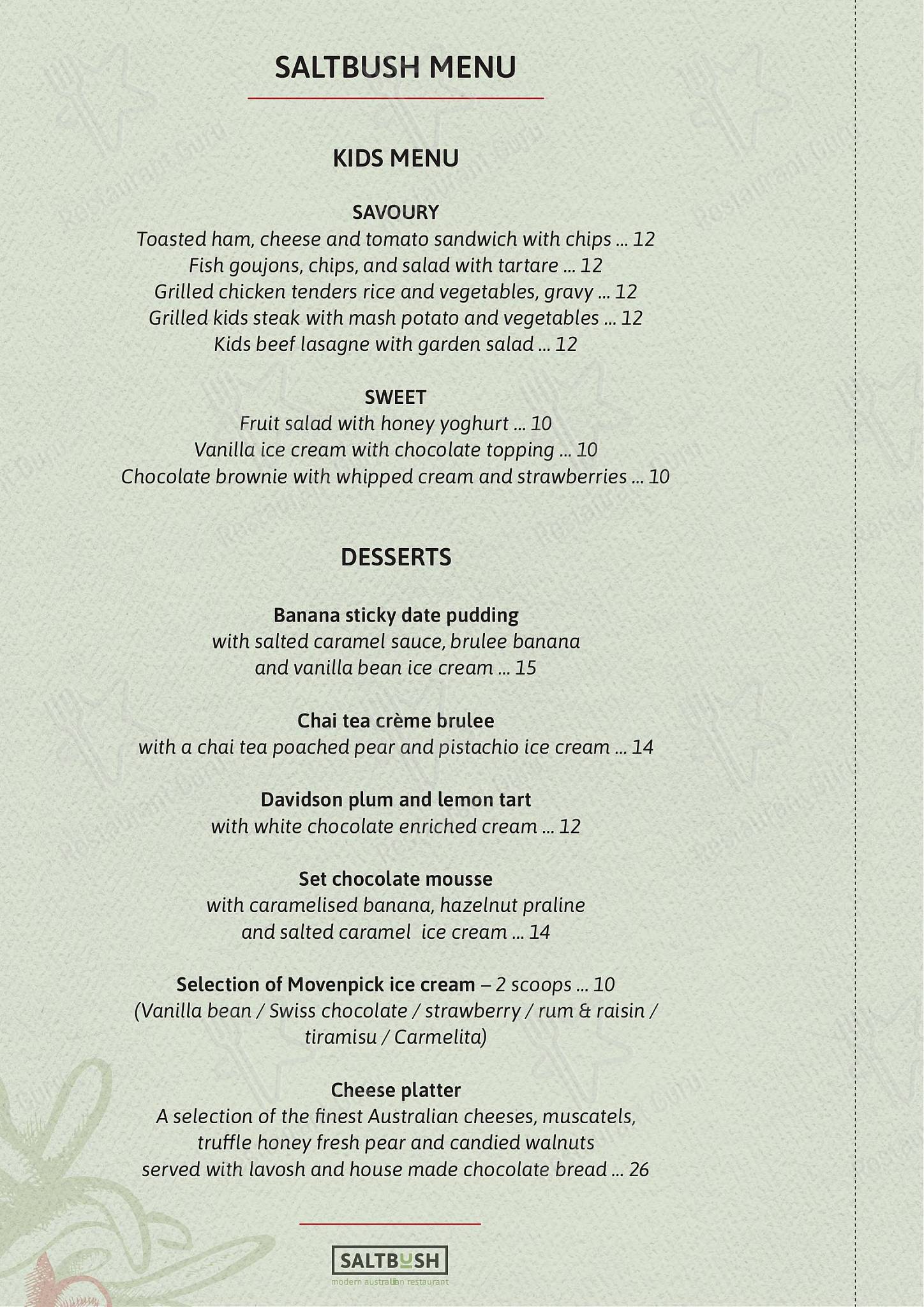 Menu at Saltbush restaurant, Alice Springs