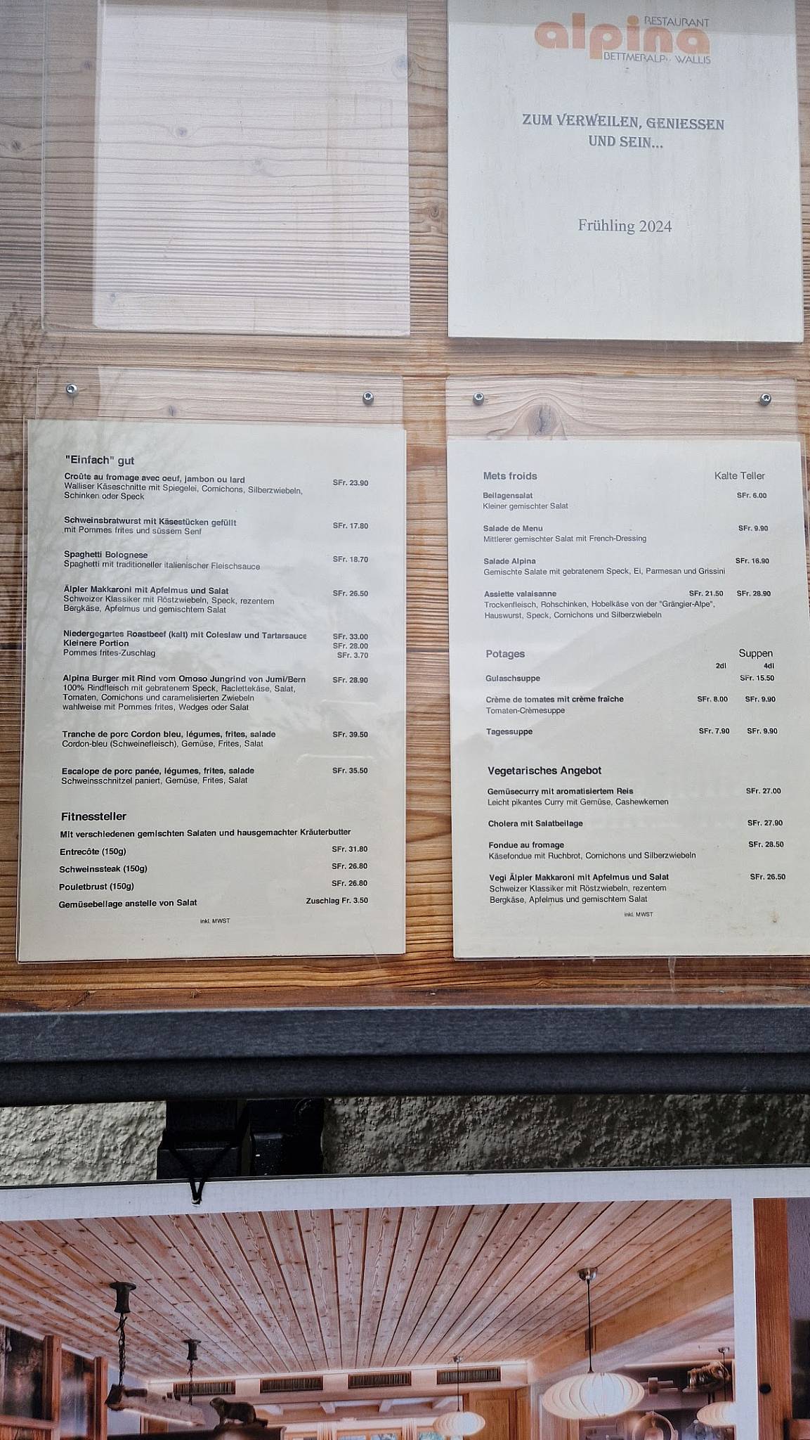 Speisekarte von Alpina, Bettmeralp, Restaurant Alpina