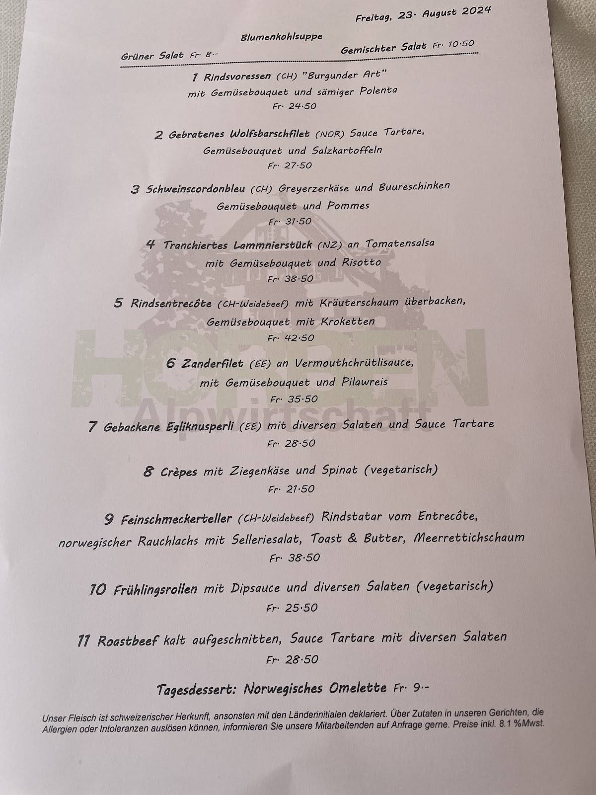 Speisekarte von Alpwirtschaft Horben, Beinwil (Freiamt)