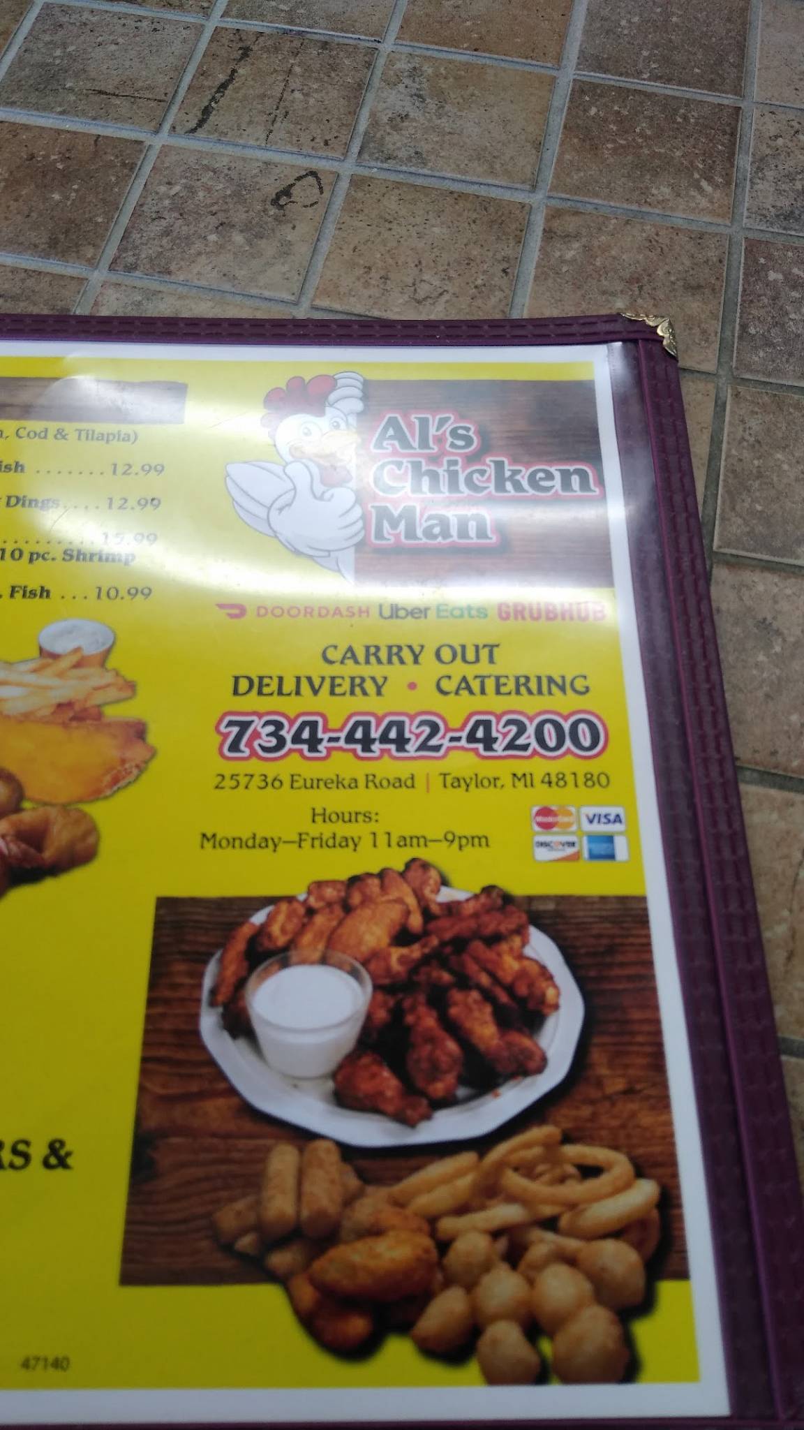 Menu at Al's Chicken Man restaurant, Taylor
