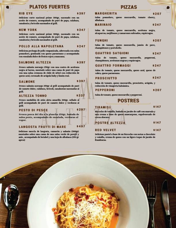 Menu at Altezza Cocina Italiana restaurant, Mexico