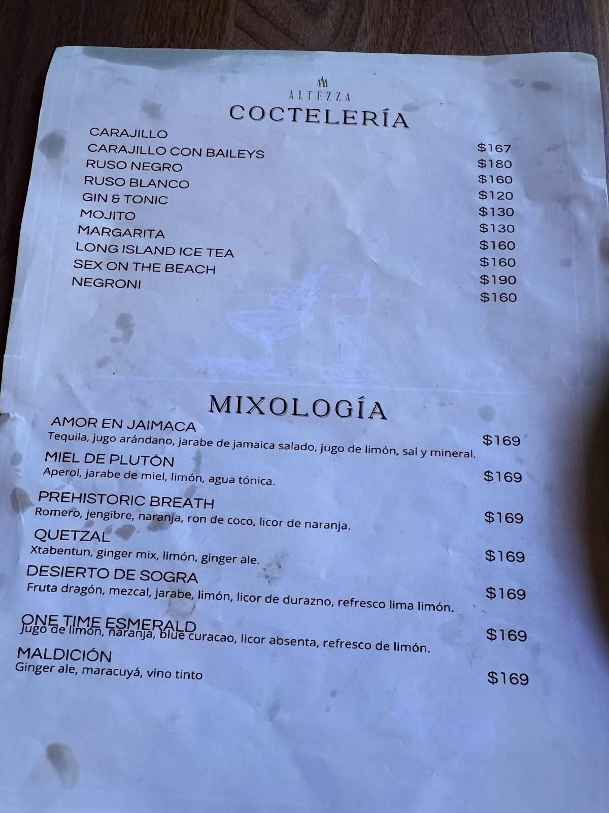 Menu at Altezza Cocina Italiana restaurant, Mexico