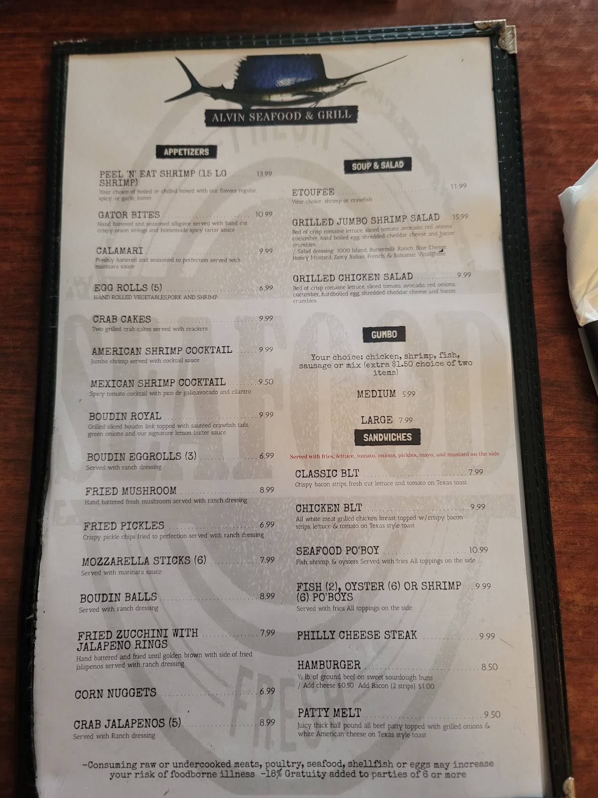 Menu at Alvin Seafood & Grill restaurant, Alvin, 617 S Gordon St