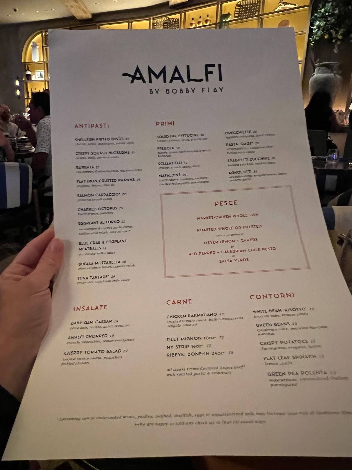 Menu at Amalfi restaurant, Las Vegas, Las Vegas Blvd S