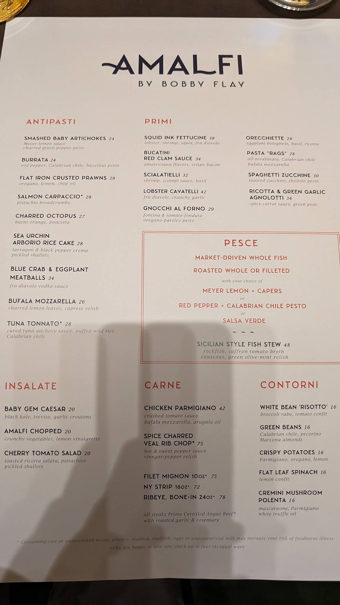 Menu at Amalfi restaurant, Las Vegas, Las Vegas Blvd S