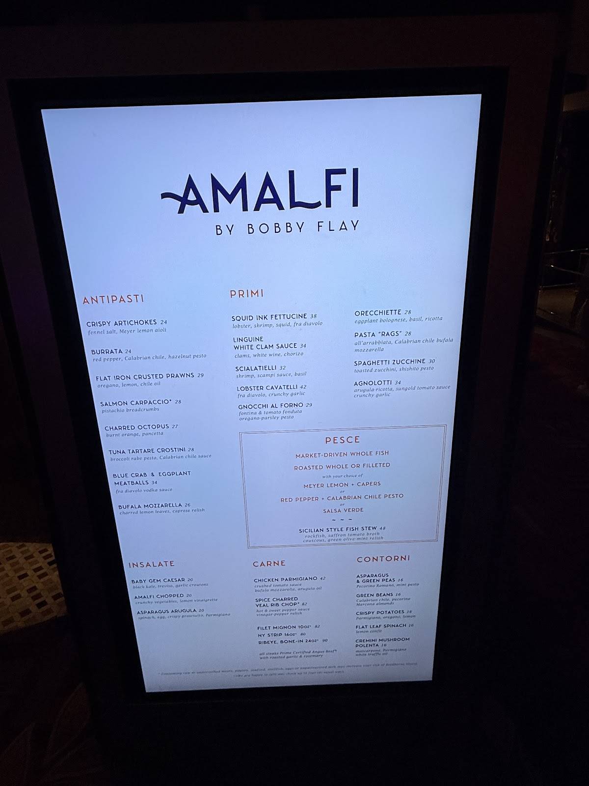 Menu at Amalfi restaurant, Las Vegas, Las Vegas Blvd S