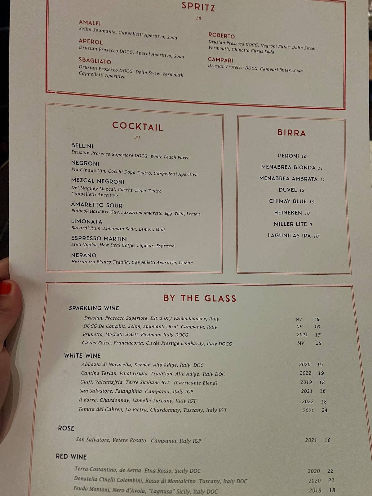 Menu at Amalfi restaurant, Las Vegas