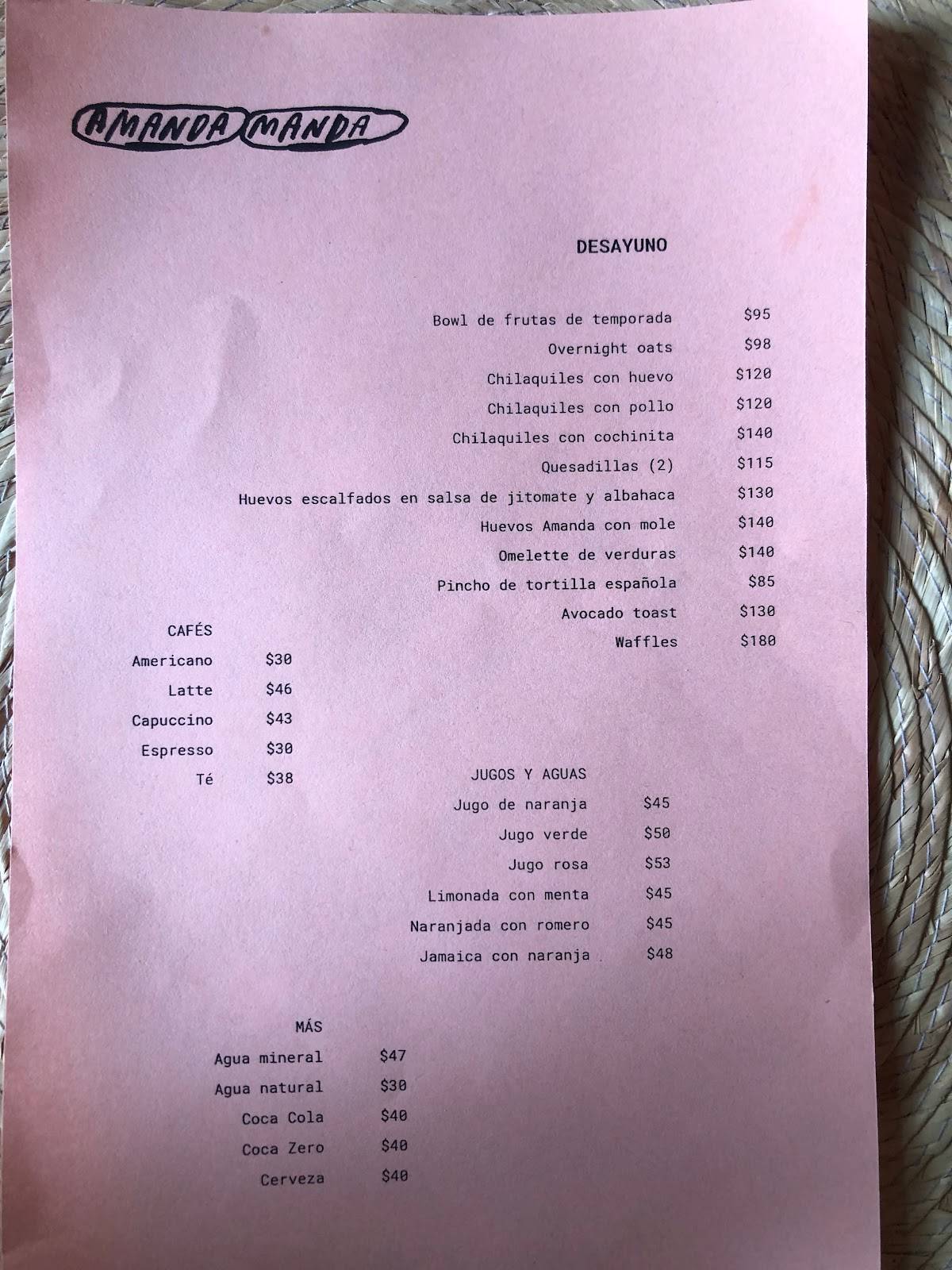 Menu at Amanda Manda restaurant, Mexico City