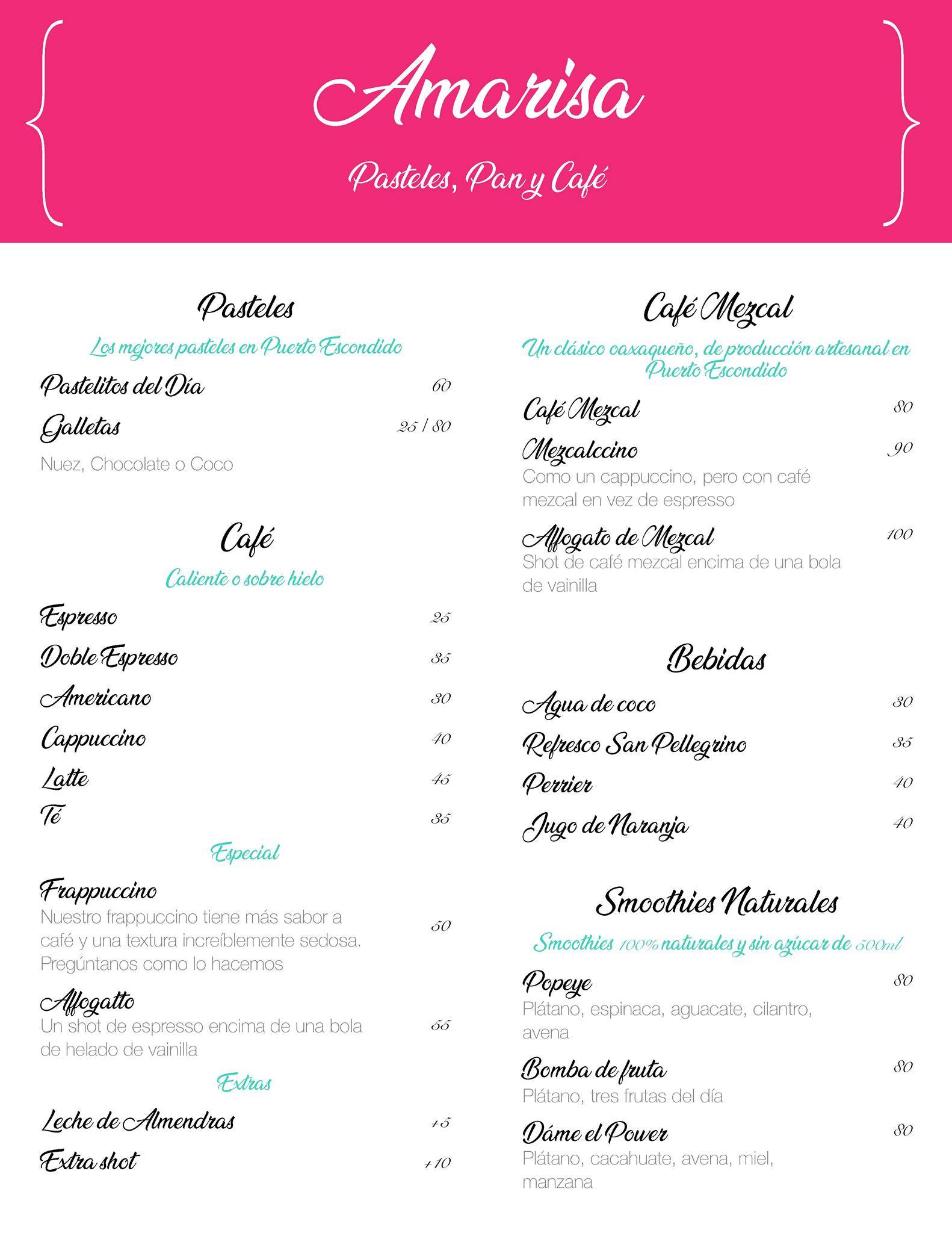 Menu at Amarisa Café, Brisas de Zicatela, Avenida
