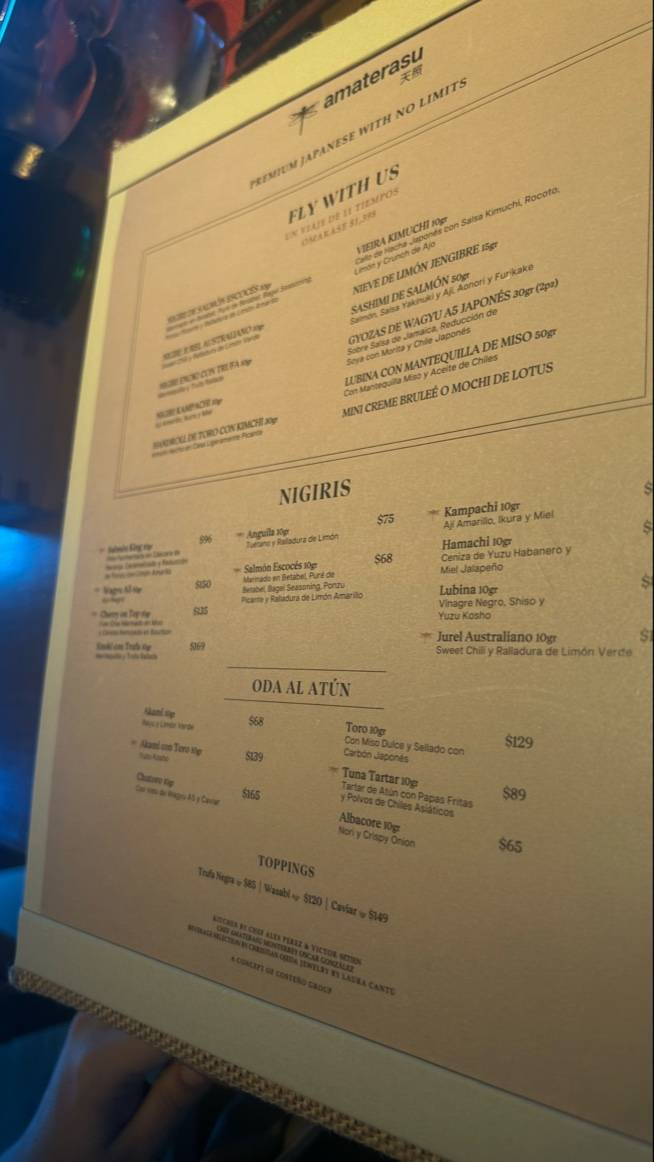 Menu at Amaterasu restaurant, San Pedro Garza García