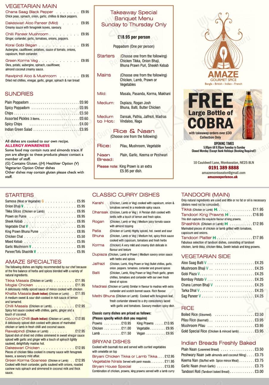 Menu at Amaze Gourmet Spice restaurant, Whitley Bay