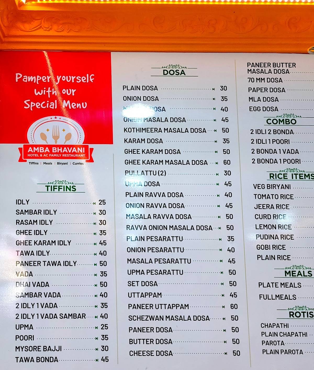 Menu at Ambha Bhavani Hotel - Temple bus stop, Hyderabad