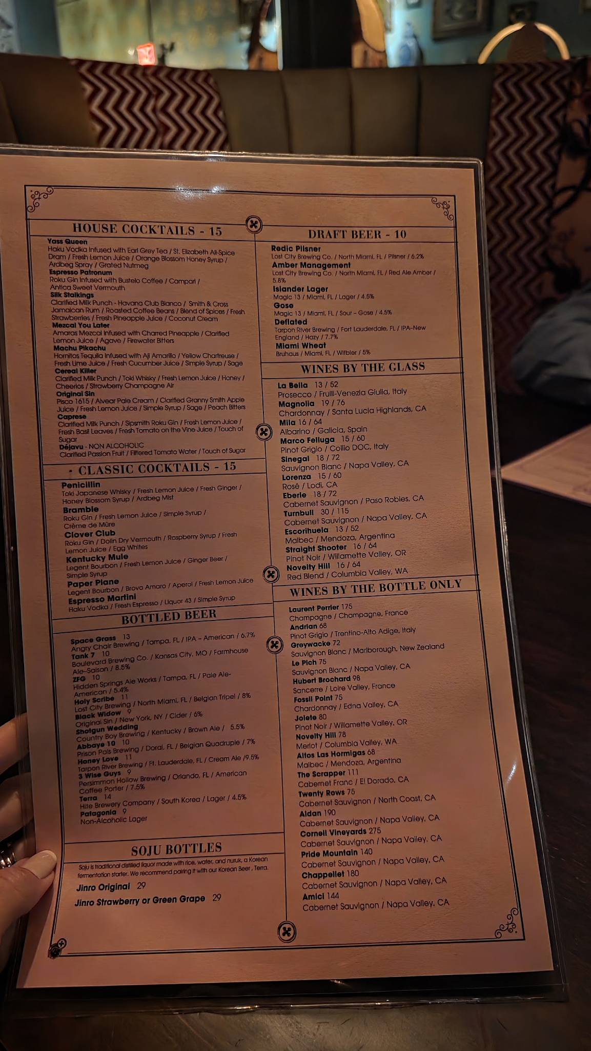 Menu at Amelia's 1931 restaurant, Tamiami, SW 26th St