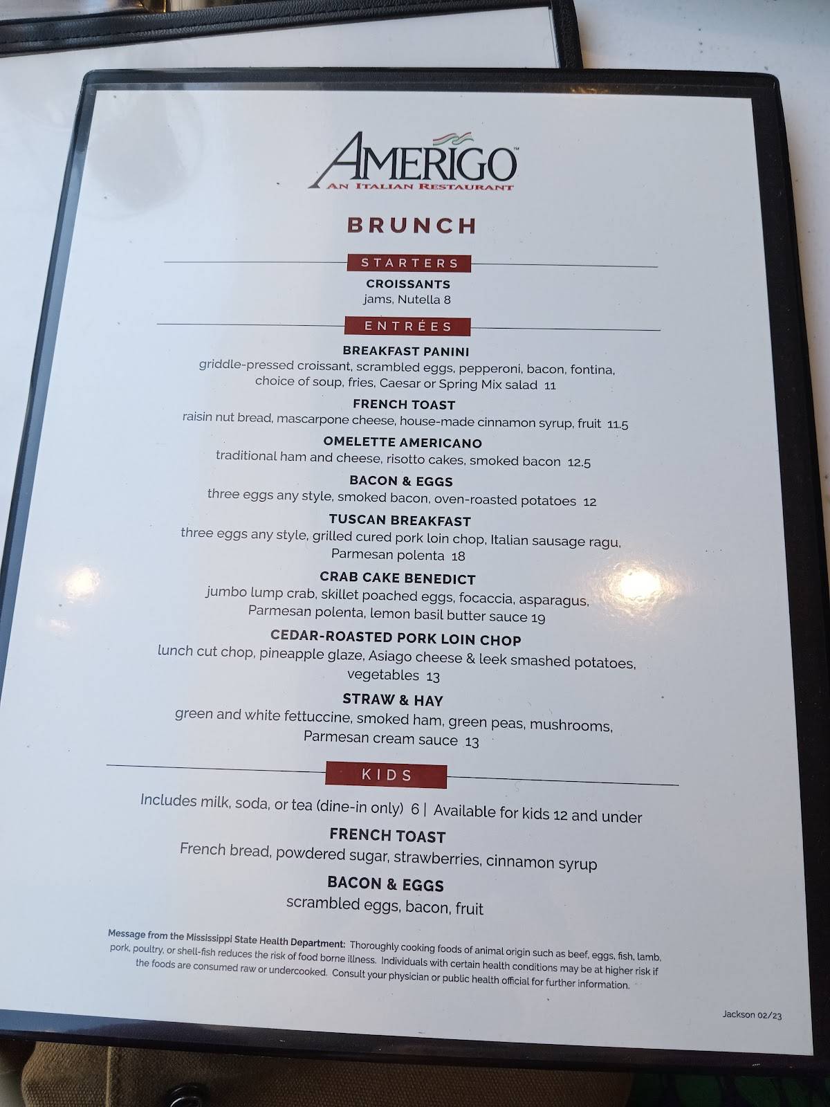 Menu at Amerigo Italian Restaurant, Jackson, 622 Duling Ave suite 106