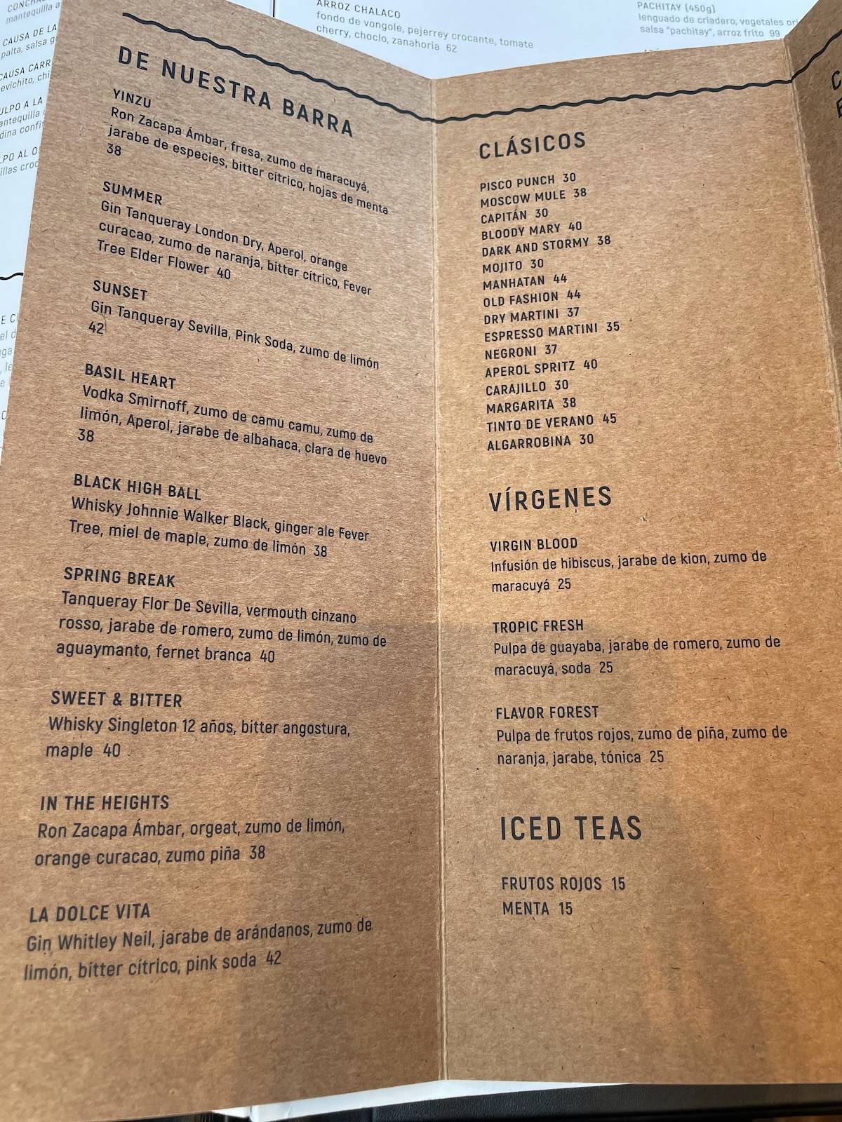 Carta del restaurante Amoramar, Lima