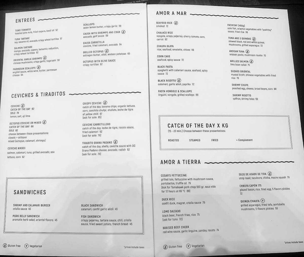Carta del restaurante Amoramar, Lima
