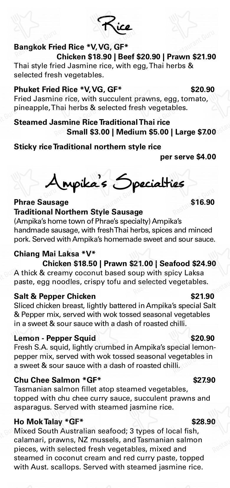 Menu at Ampika's Kitchen restaurant, Port Noarlunga