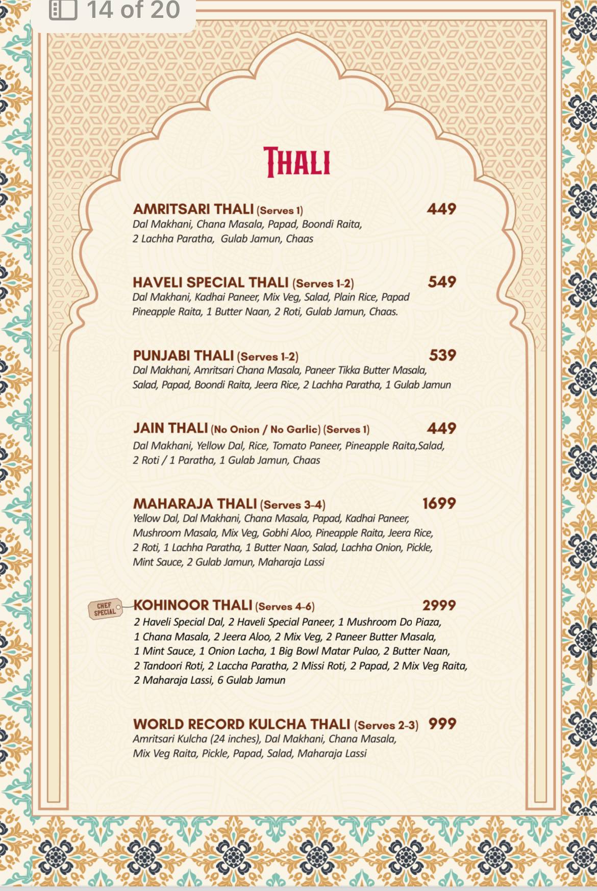 Menu at Amritsar Haveli Madhurawada, Visakhapatnam