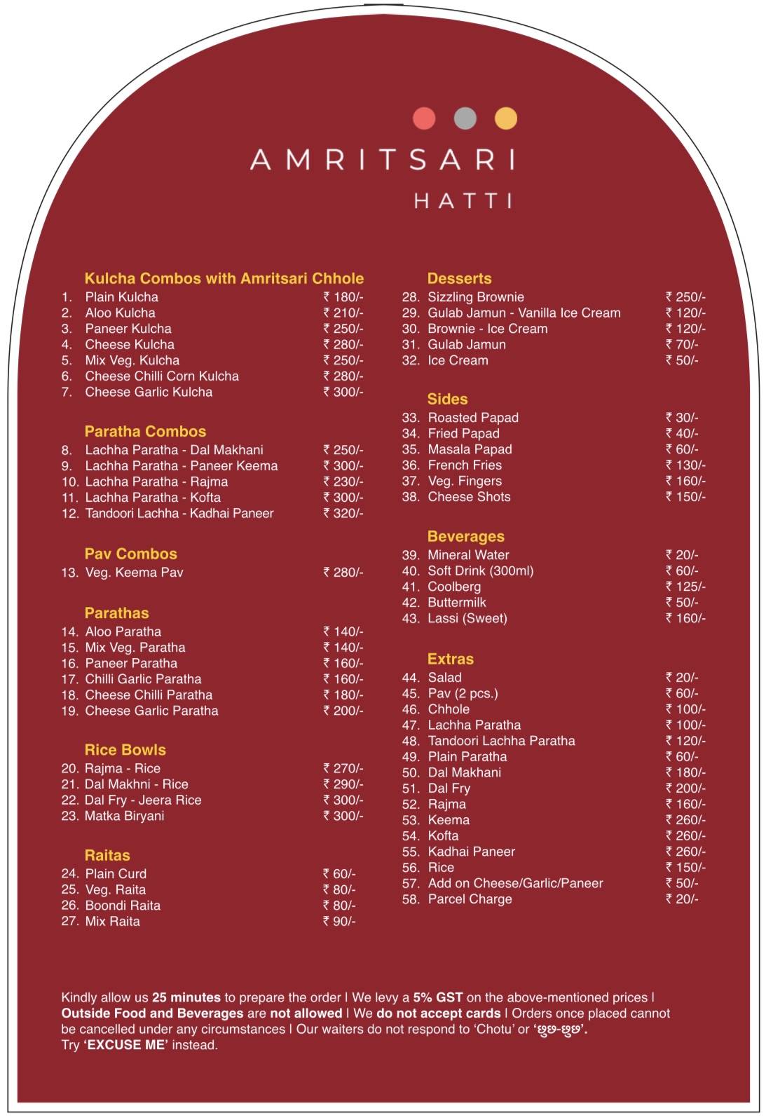 Menu at Amritsari Hatti, Rajkot