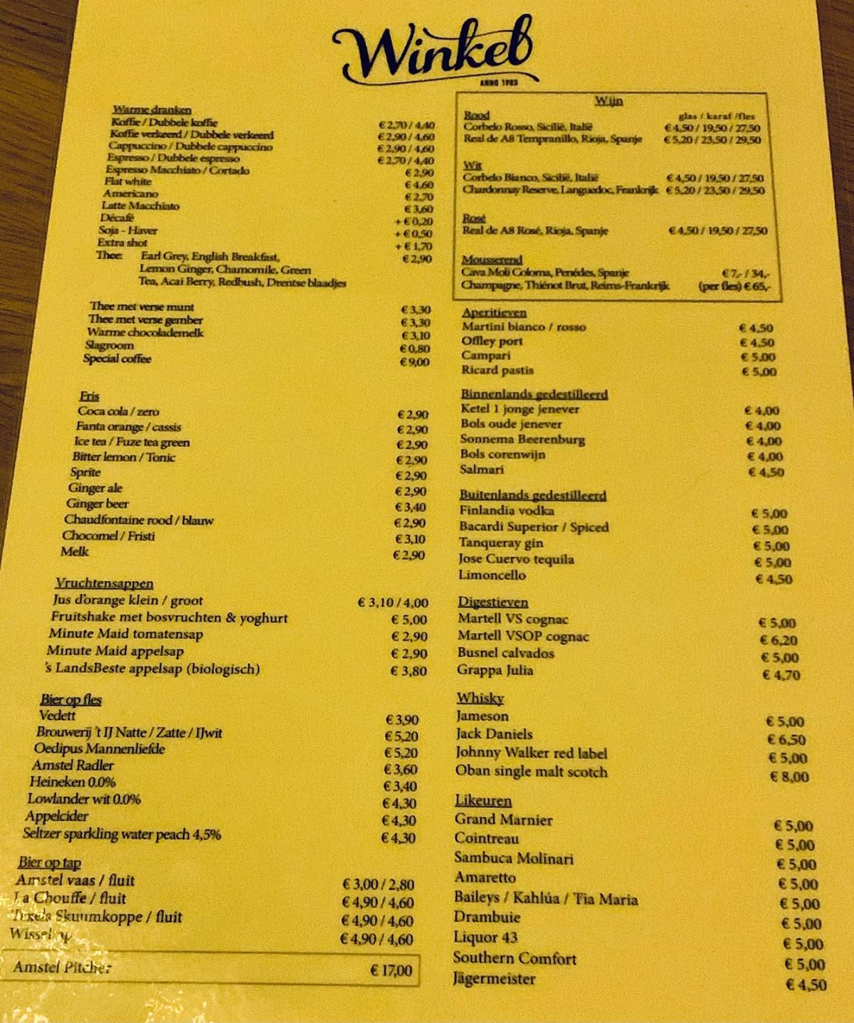 Speisekarte von Winkel 43, Amsterdam
