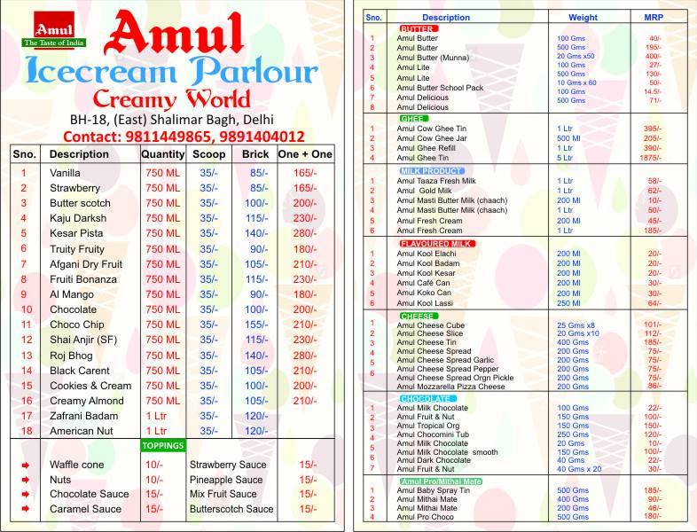 Menu at Amul Ice Cream Parlor (Creamy World), Delhi