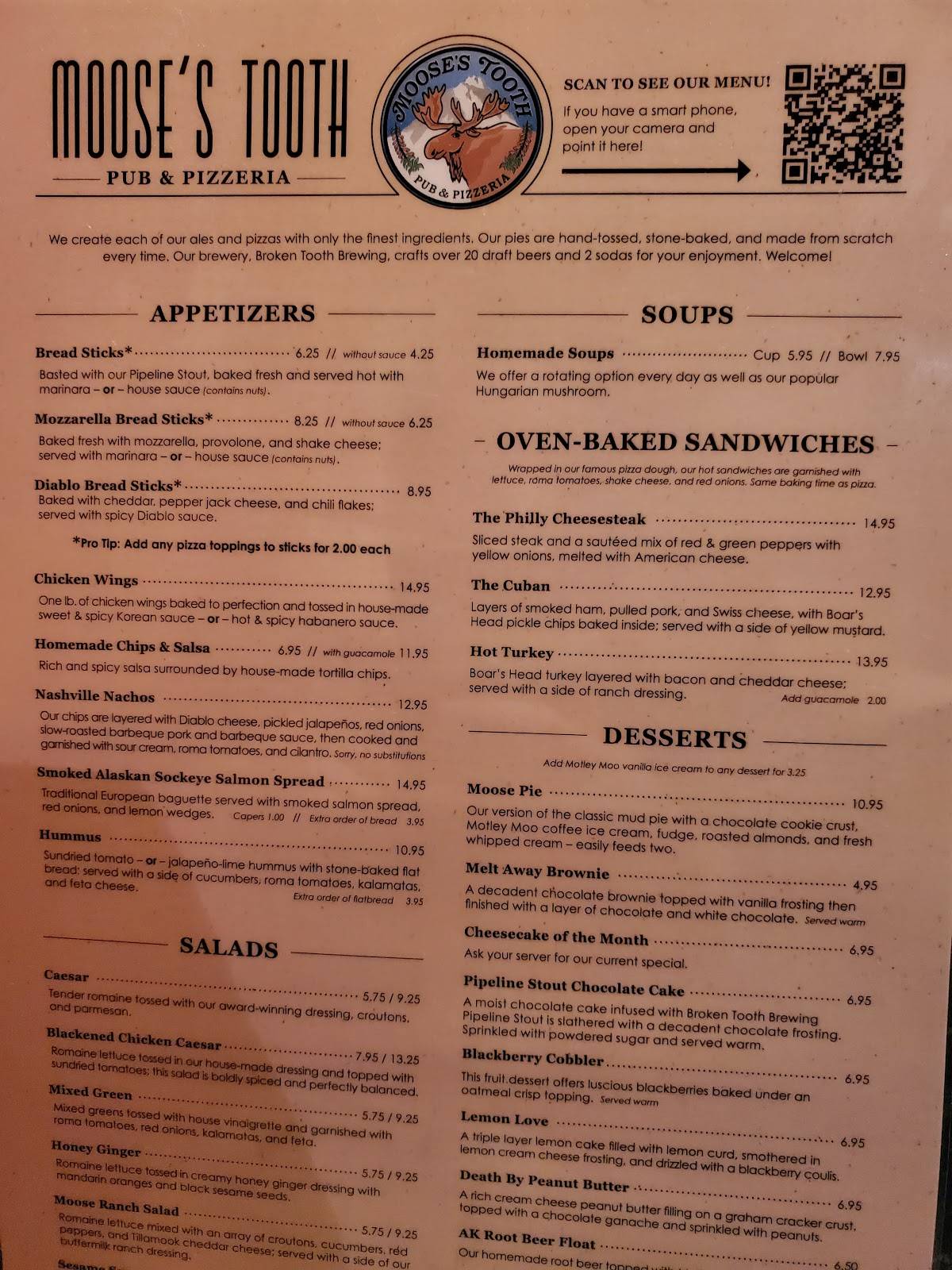 Menu at Moose's Tooth Pub & Pizzeria, Anchorage