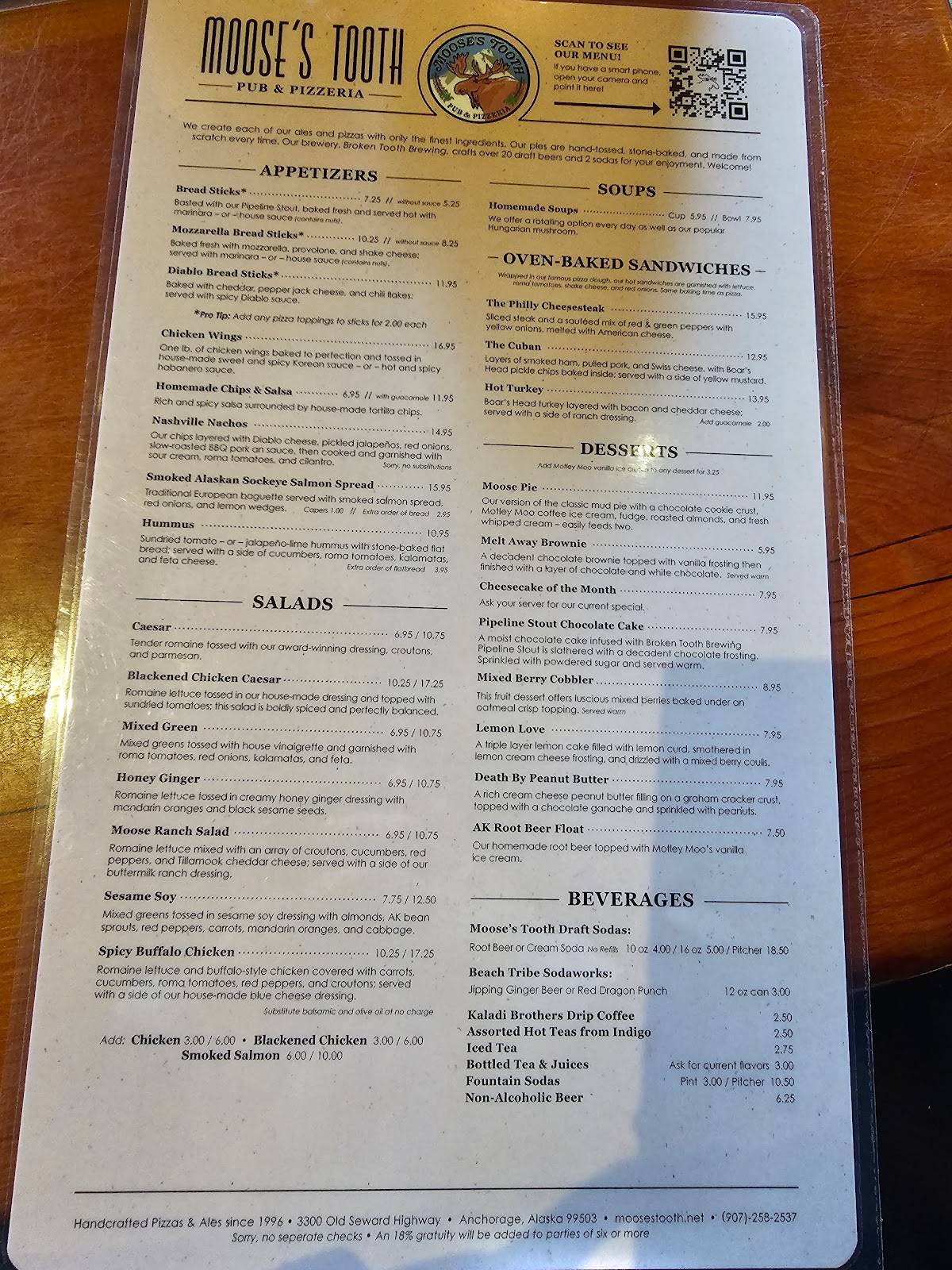 Menu at Moose's Tooth Pub & Pizzeria, Anchorage