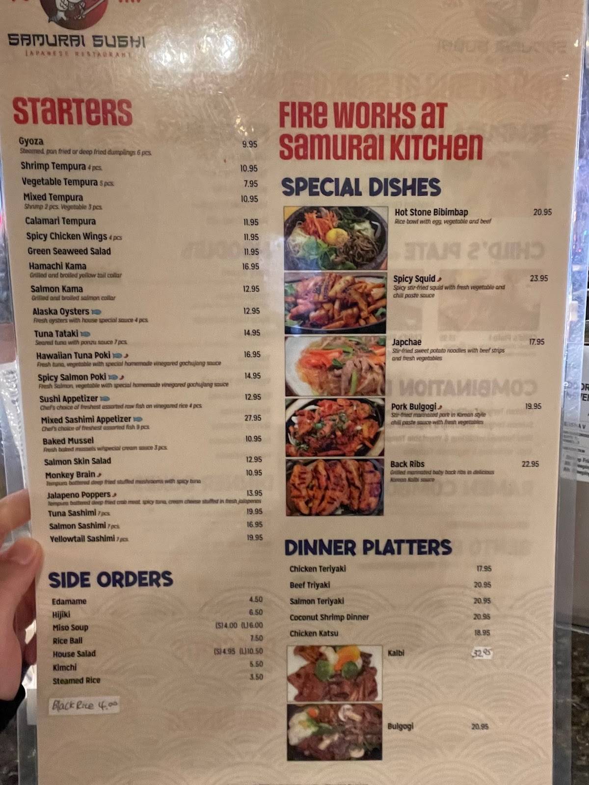 Menu at Samurai Sushi restaurant, Anchorage