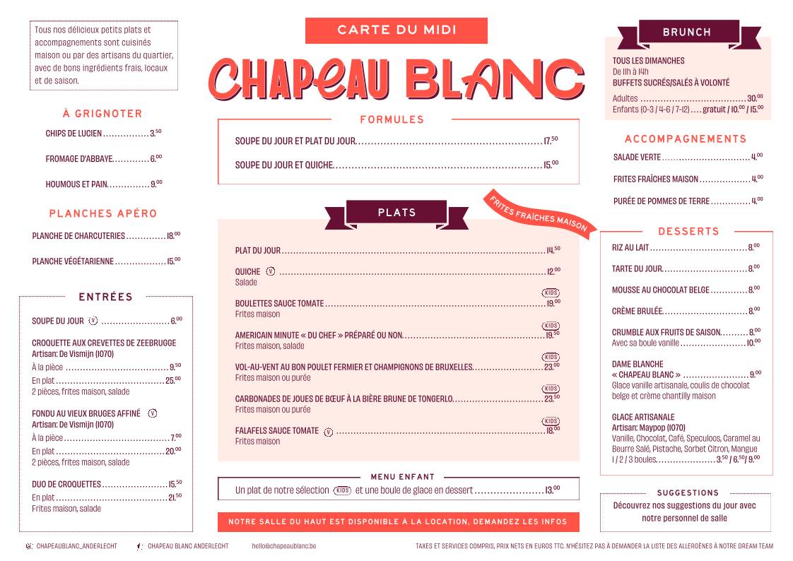 Menu au Le Chapeau Blanc restaurant, Anderlecht, Rue Wayez 200
