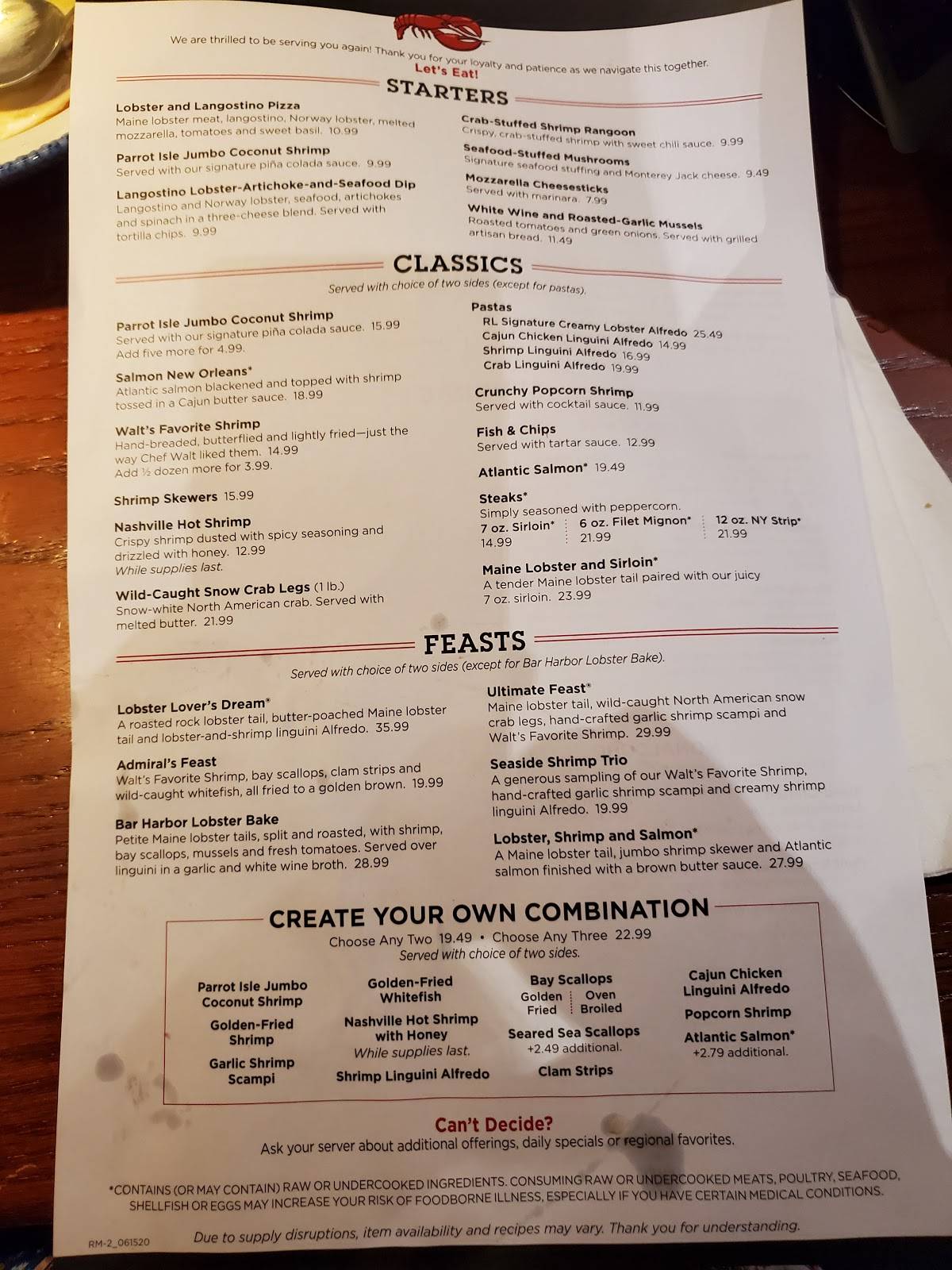 Menu at Red Lobster restaurant, Anderson, S Scatterfield Rd