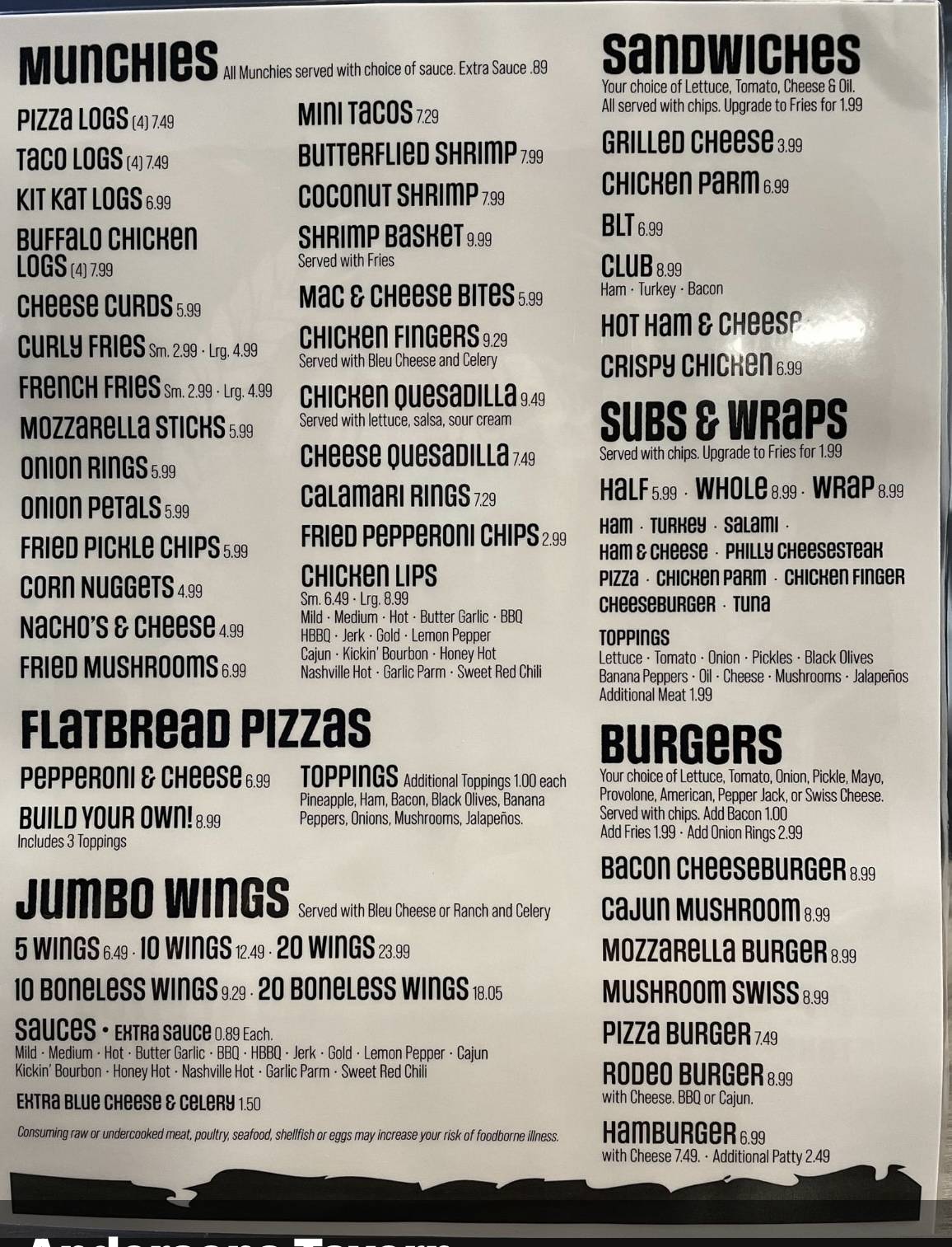 Menu at Andersons Tavern pub & bar, Frewsburg