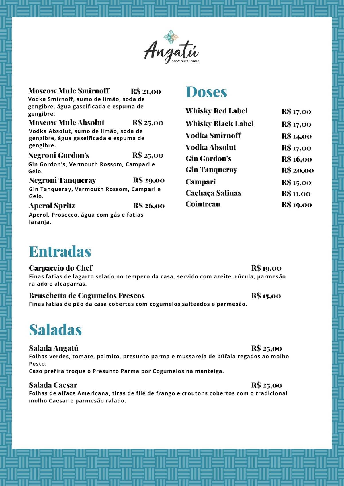 Menu at Angatú Restaurante & Bar, São Carlos