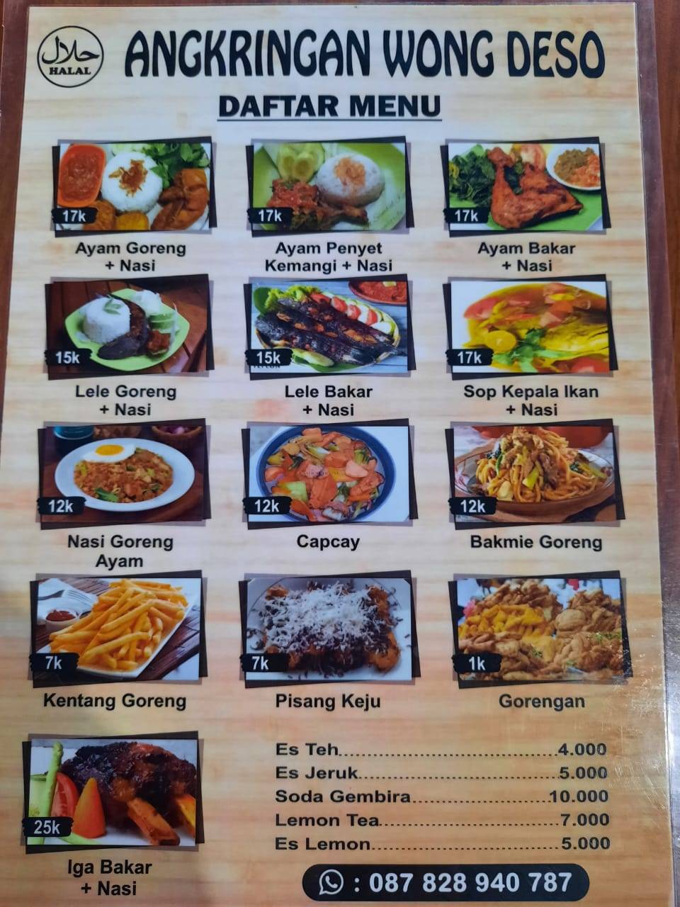 Menu at Angkringan Wong Deso restaurant, Indonesia, F837+GRF