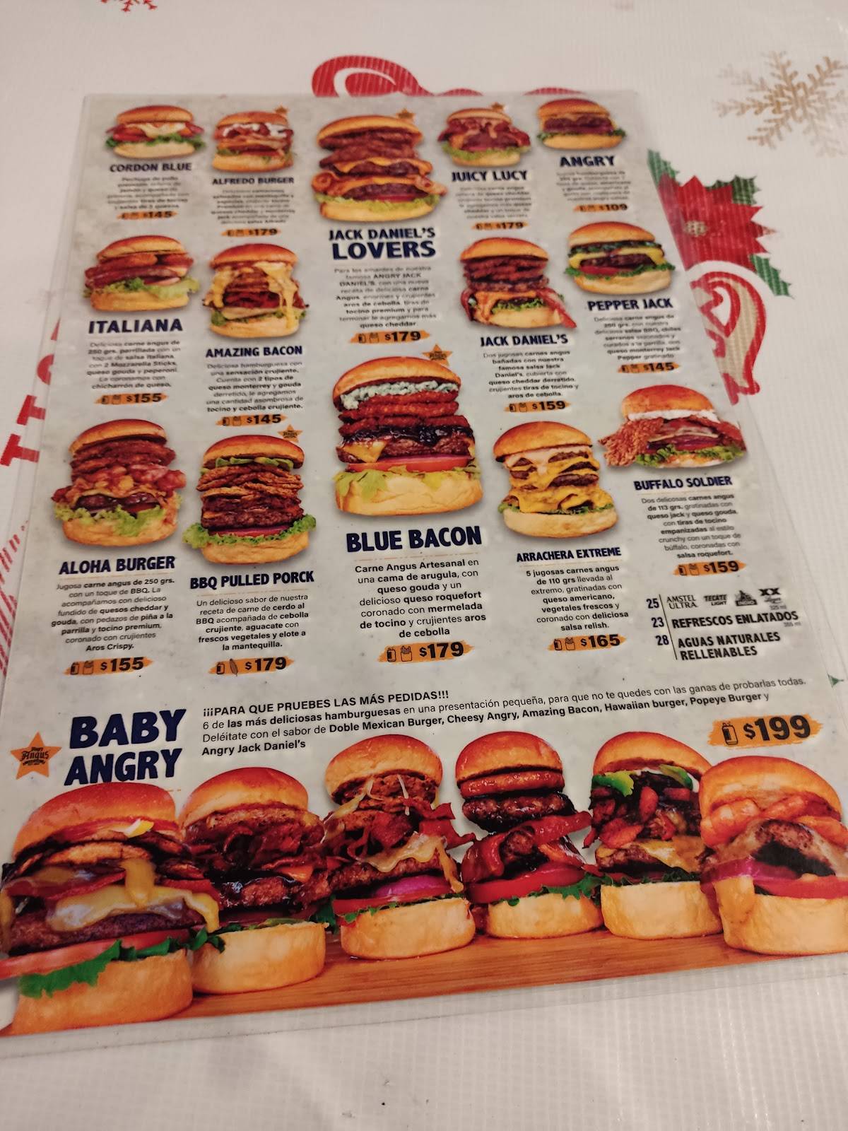 Menu at Angry Angus Caucel restaurant, Merida