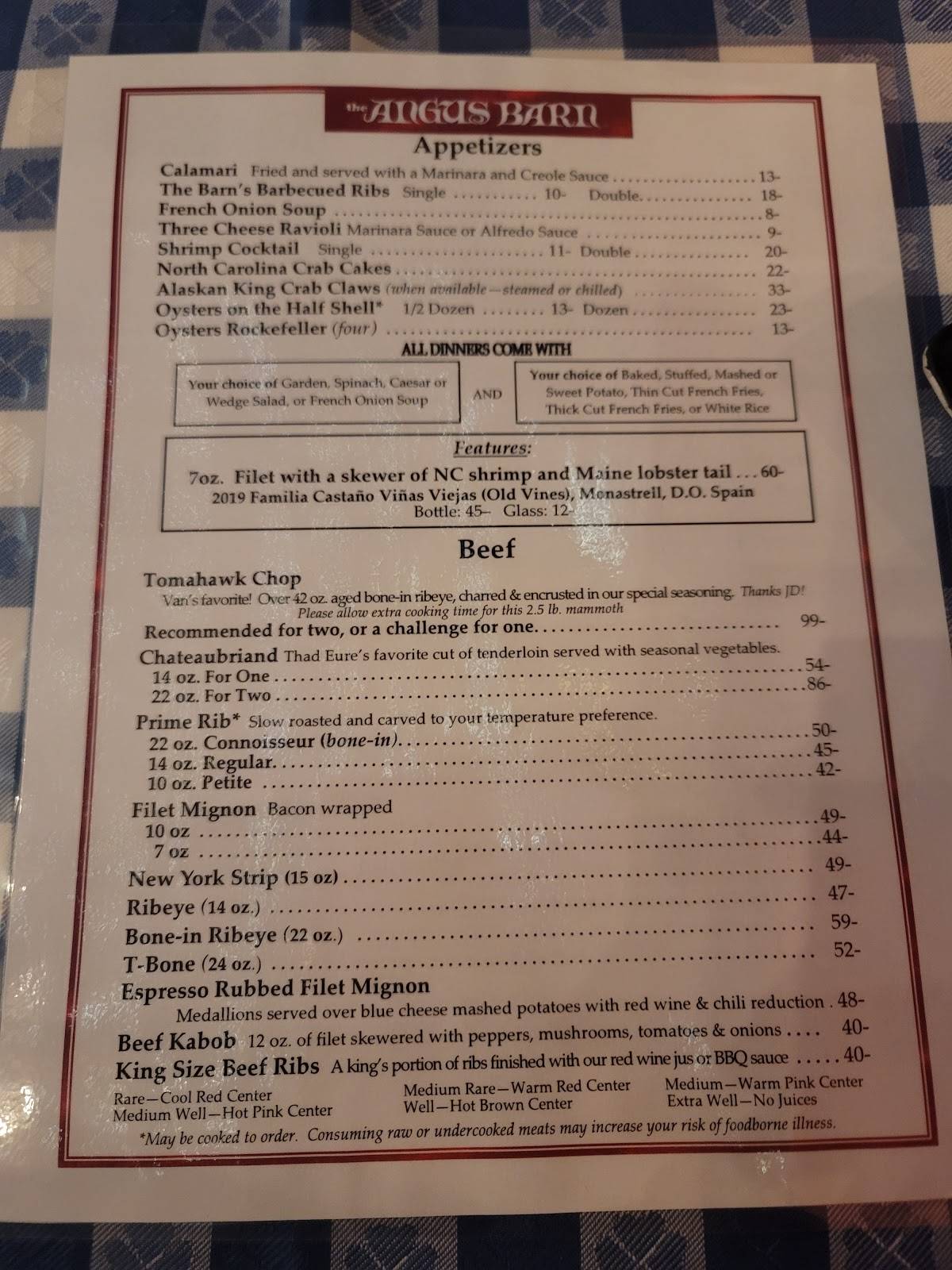 Menu at Angus Barn, Raleigh, Glenwood Ave