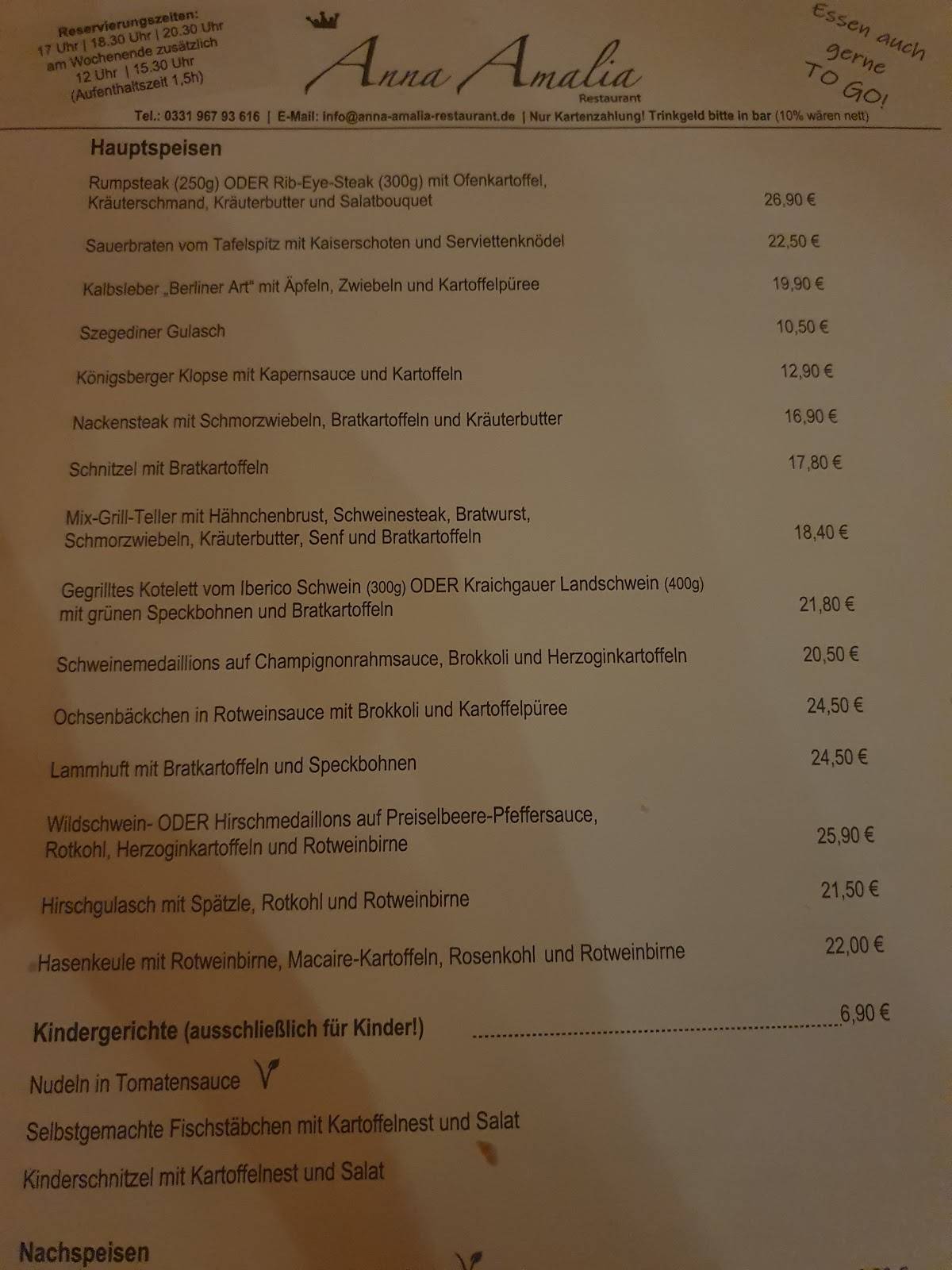 Menu au Anna Amalia restaurant, Potsdam