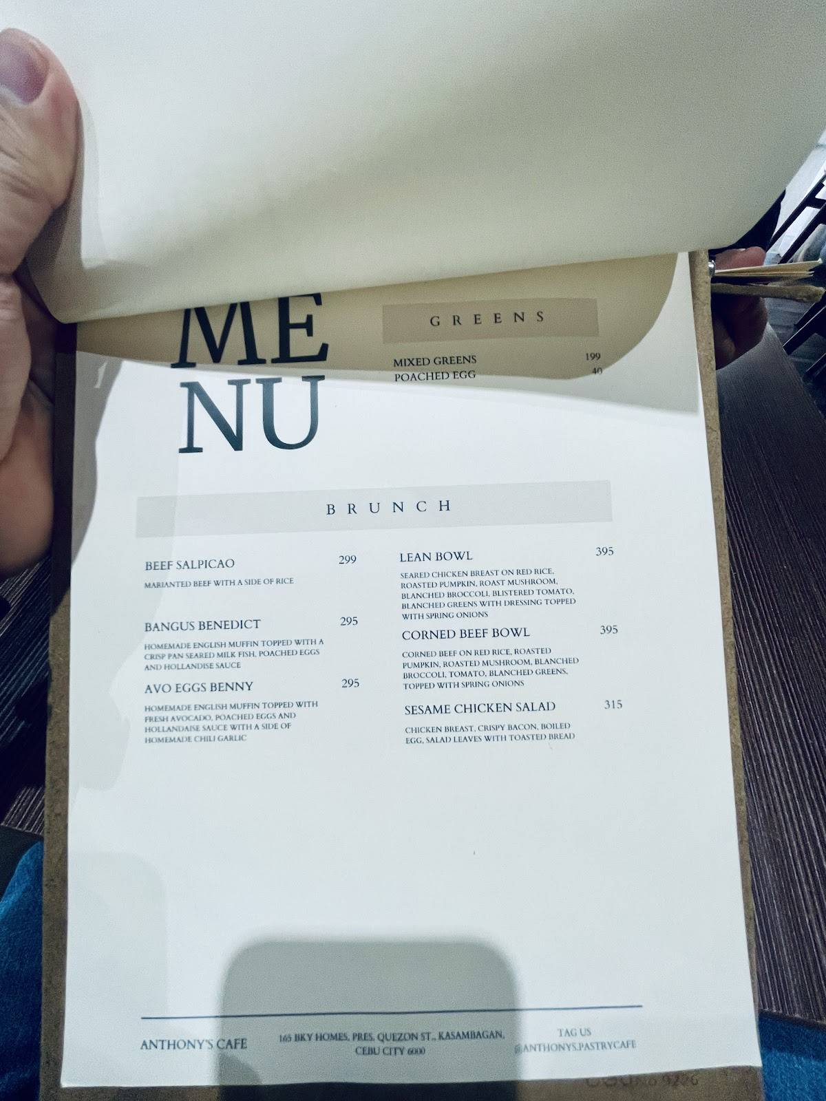 Menu at Anthony’s Cafe, Cebu City