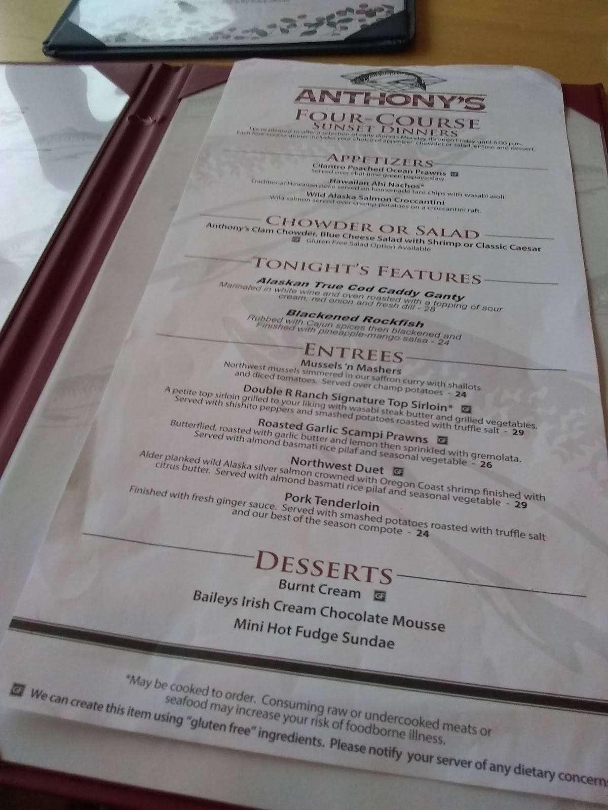 Menu at Anthony's at Spokane Falls steakhouse, Spokane